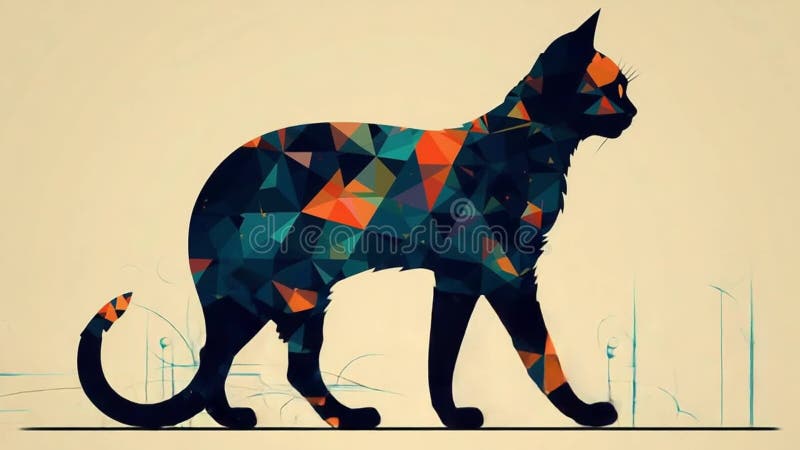 Stylized Cat Silhouette with Geometric Patterns Walking in a Repeating ...