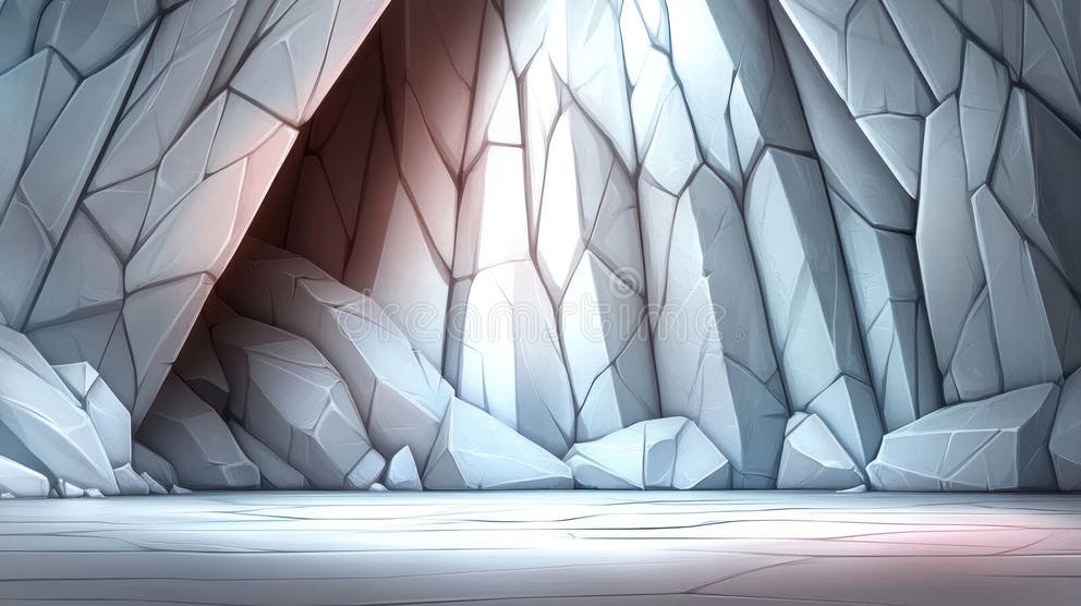 A Stylized Cave Interior with Angular Rock Formations and Soft Lighting ...