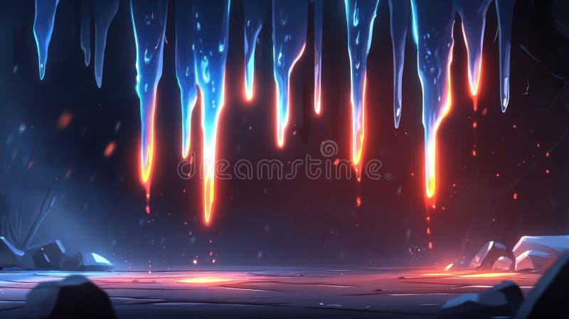 A Stylized Cave Scene with Glowing Icicles and a Reflective Surface ...