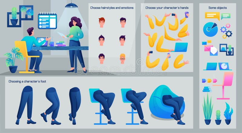 Stylized Character, Male Manager Processes the Database of Data. Set ...