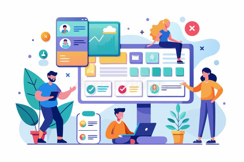 Stylized Characters Interact With A Large Screen Displaying User Interface Elements And Data