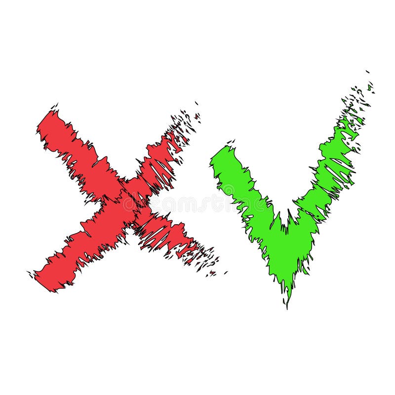 Stylized Check Mark Icons. Red and Green Color Black Stroke. Vector ...