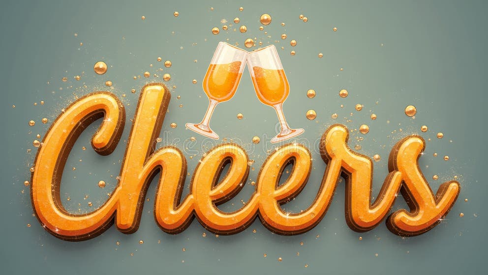Stylized Cheers Script with Champagne Bubbles and Clinks Stock ...