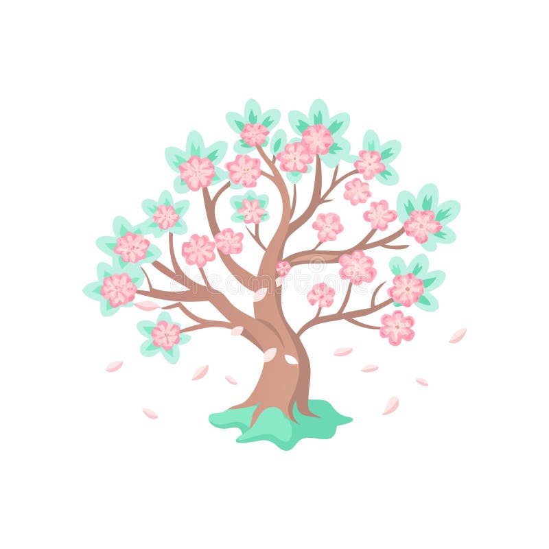Stylized Cherry Blossom Tree with Pastel Pink Flowers and Falling ...