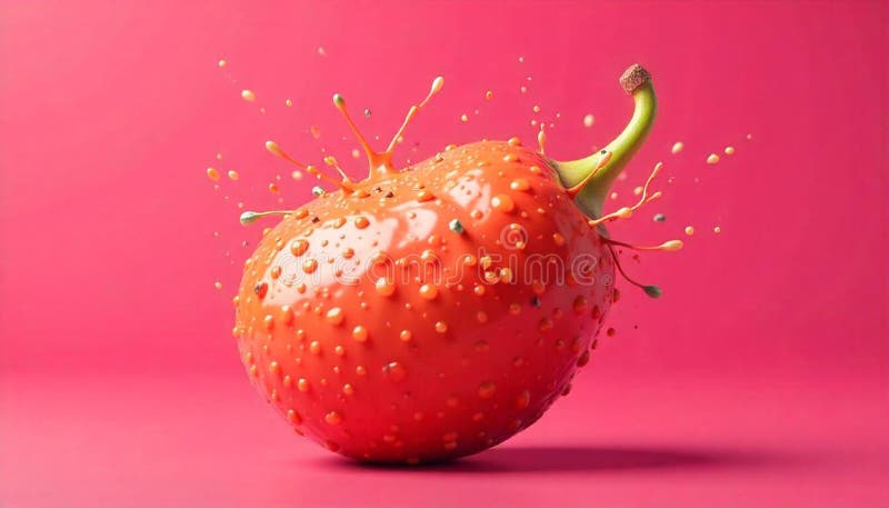 Stylized Cherry with Water Droplets on Solid Pink Background Stock ...