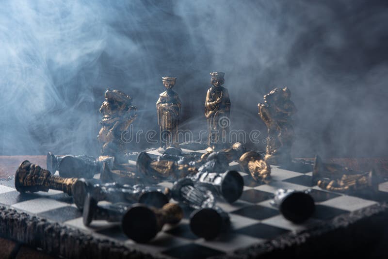 Stylized Chess Pieces on a Board with Black Background, Smoke and ...