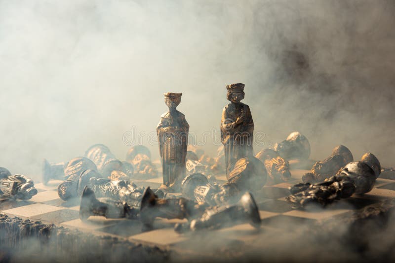 Stylized Chess Pieces on a Board with Orange Background, Smoke and ...