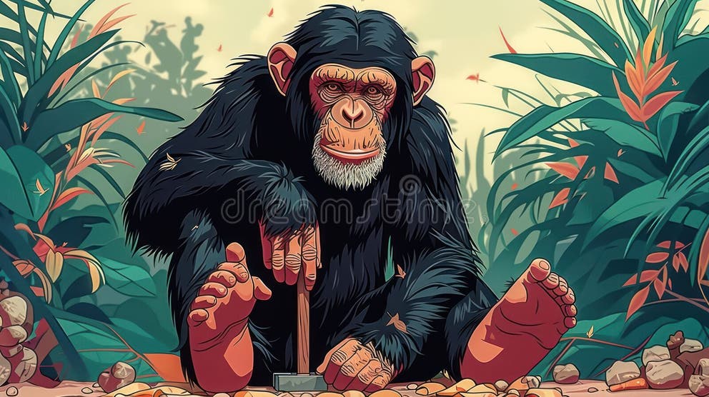 Wise Chimpanzee Using Stone Tools in Lush Jungle Setting Stock ...