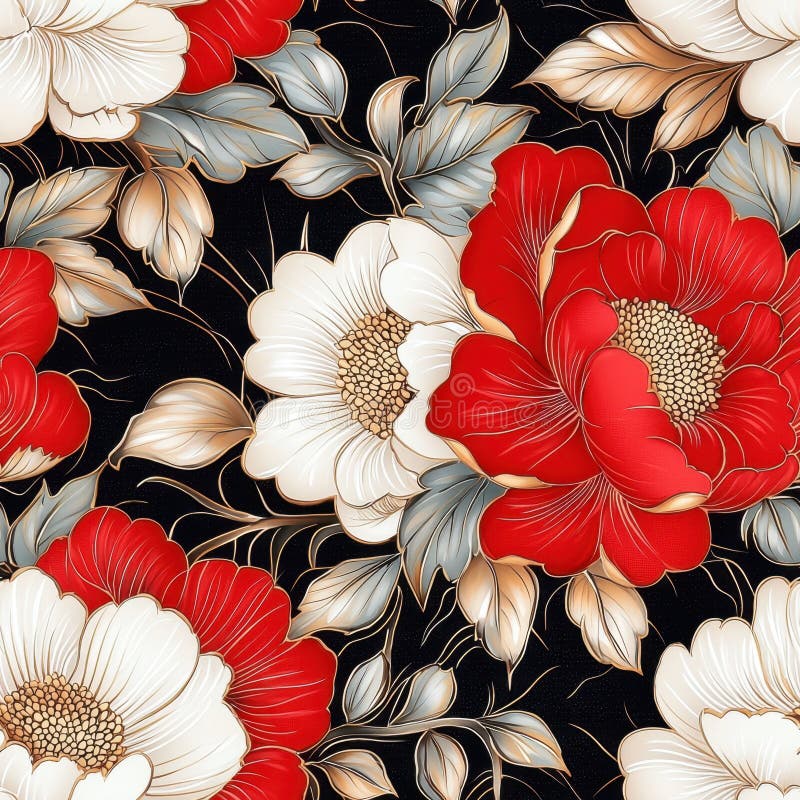 Stylized Chinese Fabric Pattern Featuring Bold Red and White Floral ...