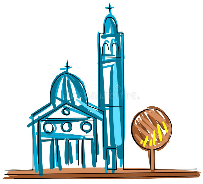 Stylized Church with Trees and Sun Isolated Stock Vector - Illustration ...