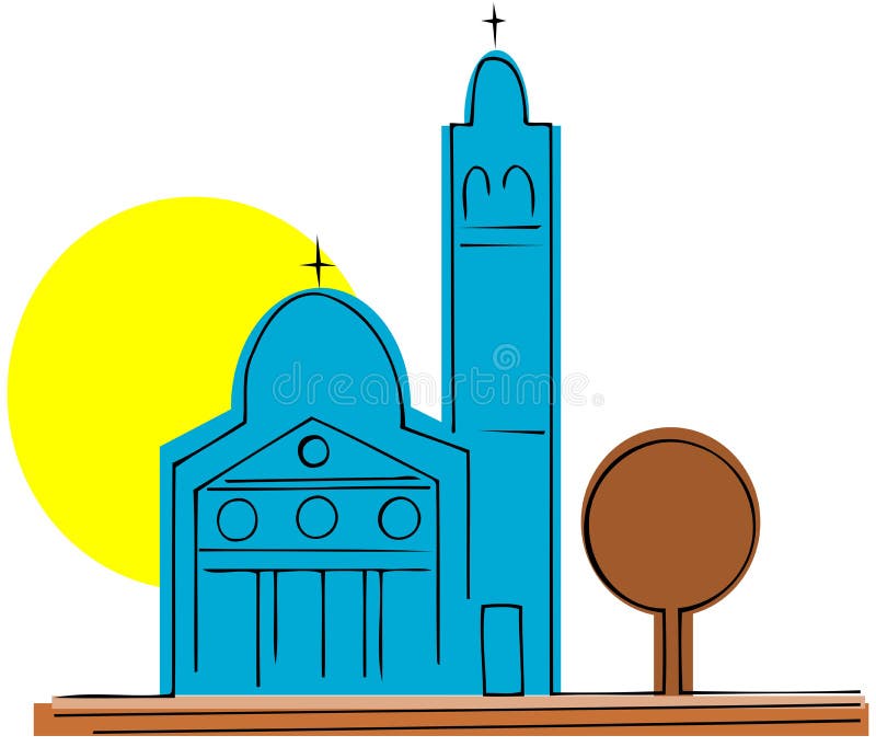 Stylized Church with Trees and Sun Isolated Stock Vector - Illustration ...