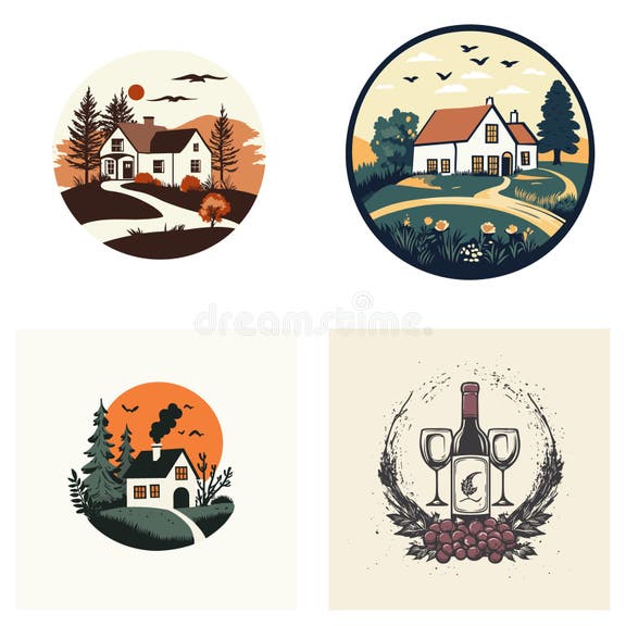 Collection of Stylized Circle Illustrations Depicting Countryside ...
