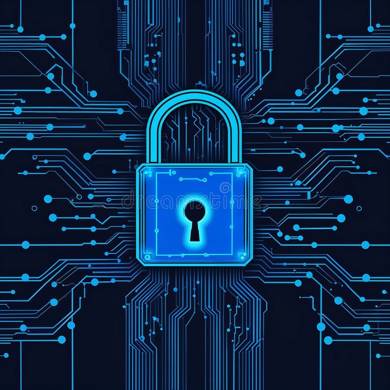 Stylized Circuit Board Design with Central Padlock and Vertical Layout ...