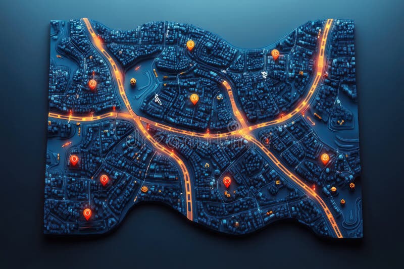 A Stylized City Map with Illuminated Roads and Location Markers Stock ...