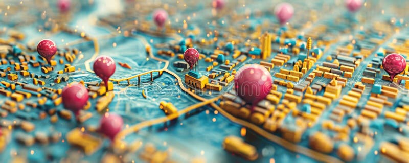 Stylized City Map with Vibrant Pointers and Miniature Buildings for ...