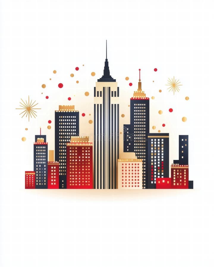 Stylized City Skyline with Colorful Buildings and Festive Decorations ...