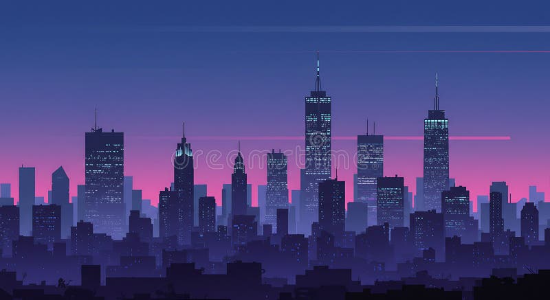 Stylized City Skyline at Dusk with Purple Gradient - Generated Using Ai ...