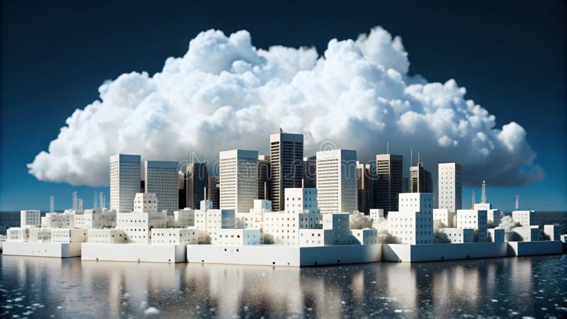 A Stylized City Skyline with a Large Cloud Above Stock Illustration ...