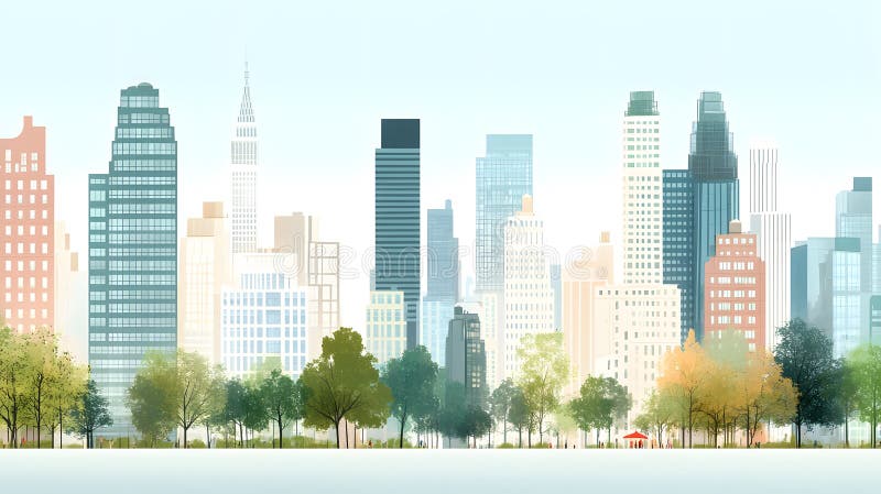 Stylized City Skyline with Modern Buildings and Green Parks Stock Image ...