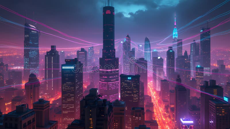 Stylized City Skyline with Skyscrapers and Neon Lights Stock Photo ...