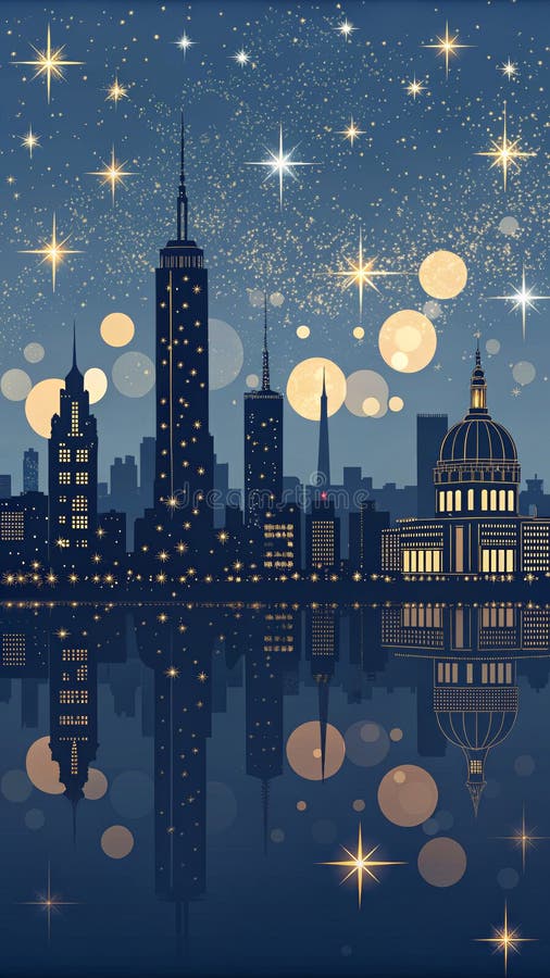 Stylized Cityscape in Deep Navy with Glowing Lights and Reflections ...