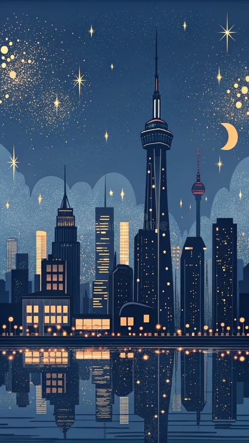 Stylized Cityscape in Deep Navy with Glowing Lights and Reflections ...