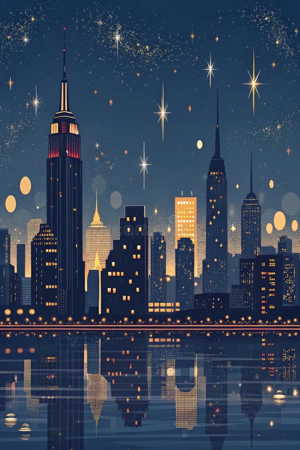 Stylized Cityscape in Deep Navy with Glowing Lights and Reflections ...