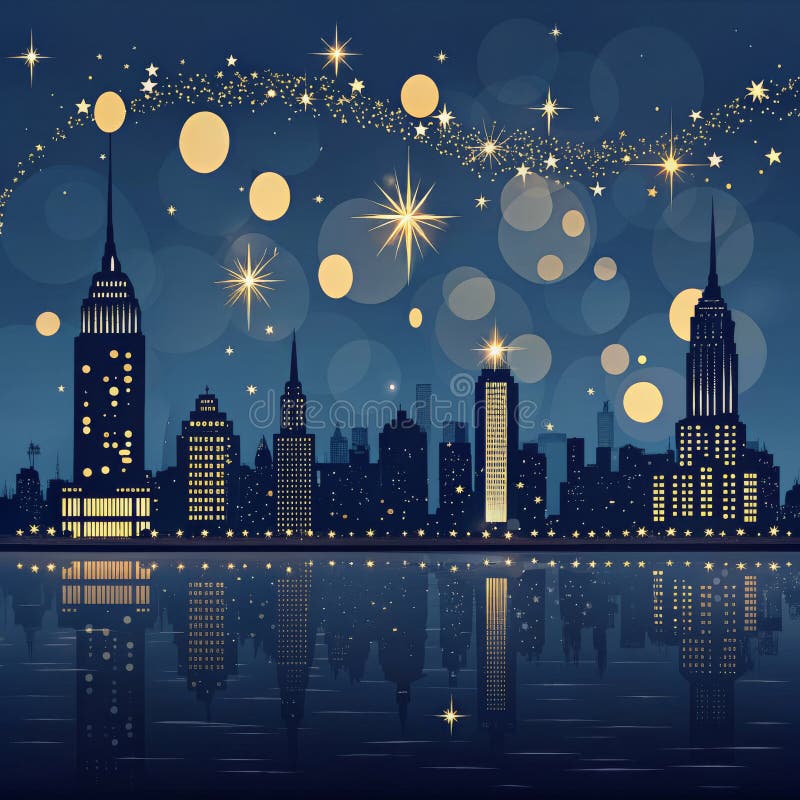 Stylized Cityscape in Deep Navy with Glowing Lights and Reflections ...