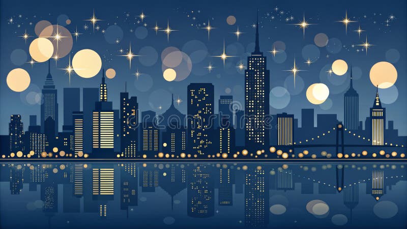 Stylized Cityscape in Deep Navy with Glowing Lights and Reflections ...