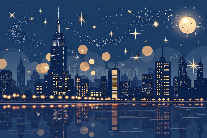 Stylized Cityscape in Deep Navy with Glowing Lights and Reflections ...