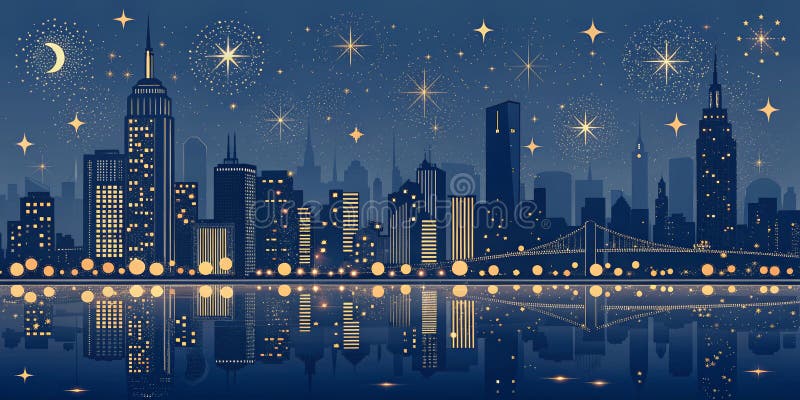 Stylized Cityscape in Deep Navy with Glowing Lights and Reflections ...