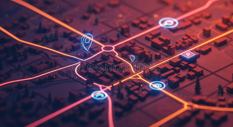 Stylized Cityscape Map with Glowing Route Lines and Location Markers ...