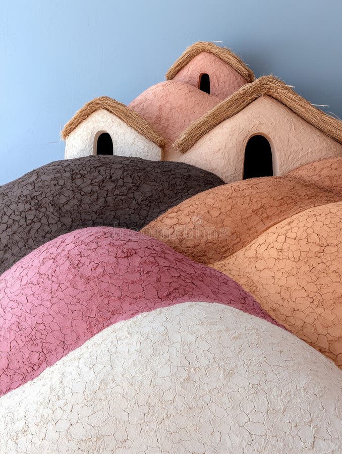 Stylized Clay Houses on Rolling Hills Stock Illustration - Illustration ...