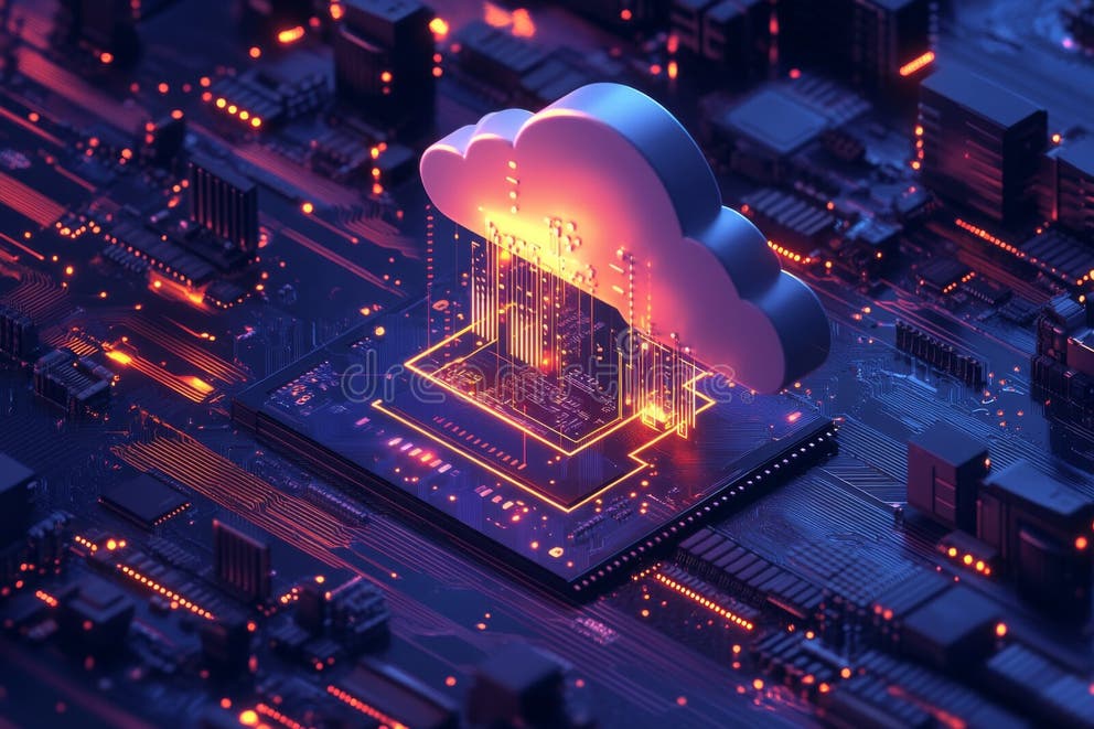 Stylized Cloud with Circuit Pathways Stock Illustration - Illustration of isometric, computing ...
