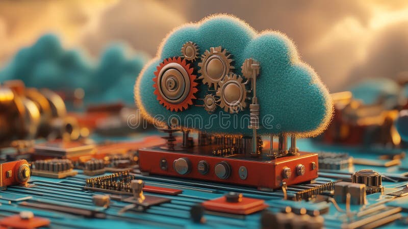 A Stylized Cloud Computing Icon with Gears and Arrows Around it ...
