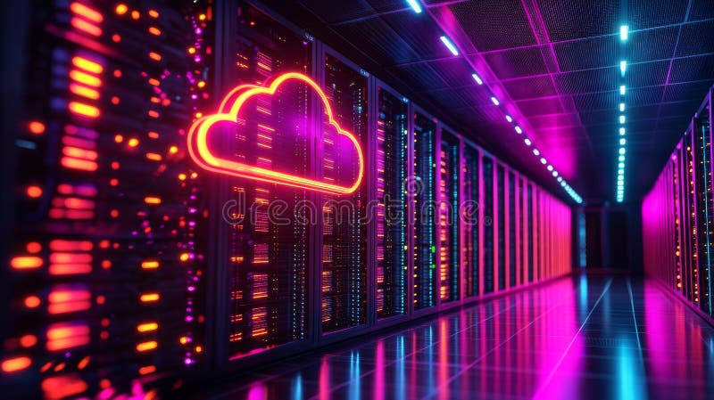 A Stylized Cloud Hovers Over Rows of Advanced Servers, with Futuristic ...