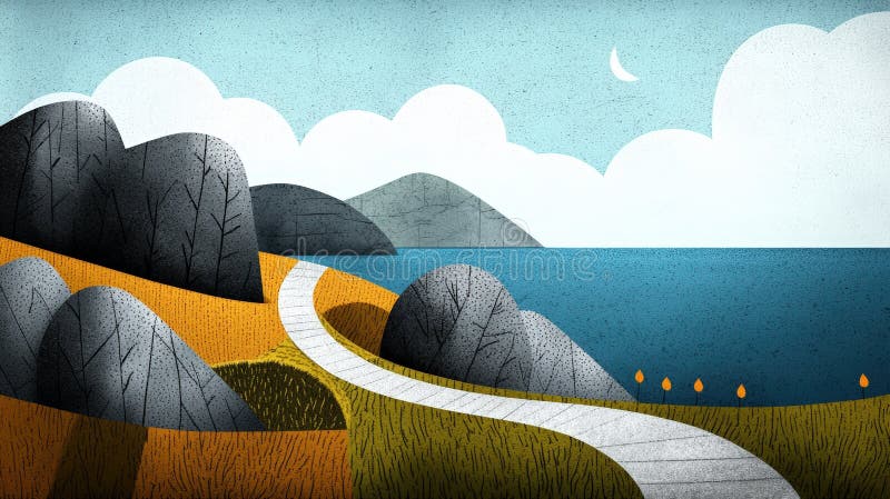 Stylized Coastal Landscape with a Winding Path Stock Illustration ...