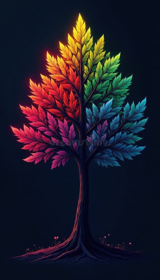 Stylized Code Leaf Tree, Vibrant Color Palette, Dark Background ...