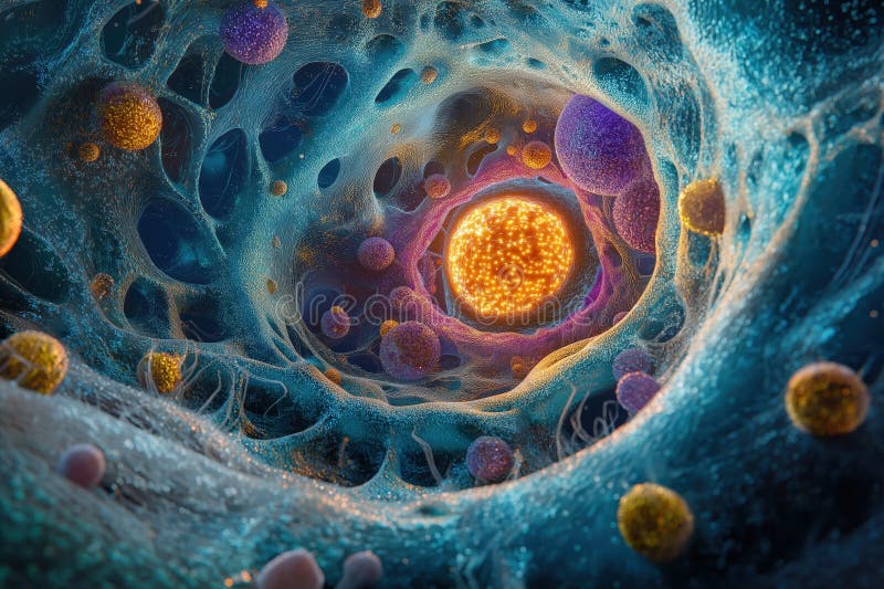 Vibrant Microscopic Cell Structure with Glowing Nucleus and Intricate ...