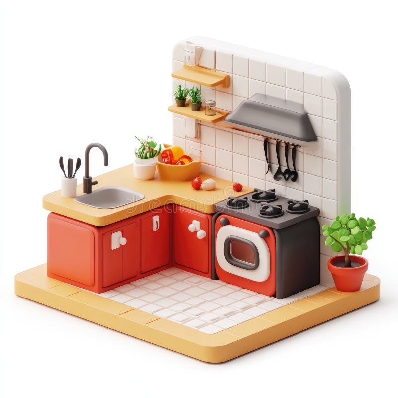 Modern Red Kitchenette, 3D Render Isometric View Stock Illustration ...