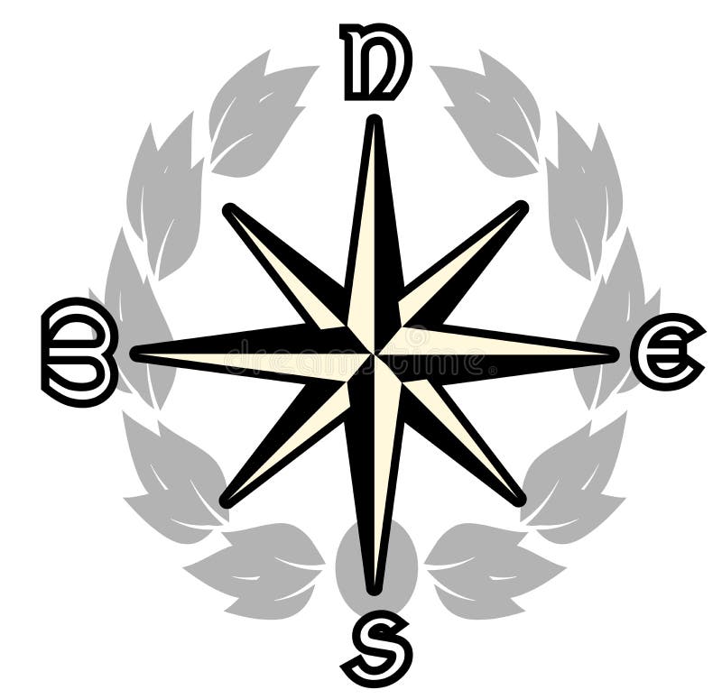 Stylized Compass Rose Isolated in Black with Leaves Stock Vector ...
