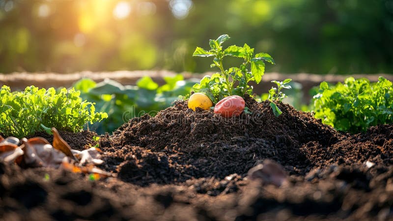 Stylized Compost Pile Surrounded by Fresh Soil and Growing Plants ...