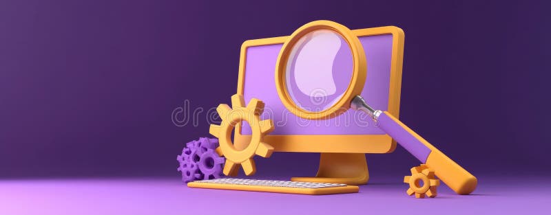 A Stylized Computer Setup Featuring a Yellow Magnifying Glass and Gears ... A Stylized Computer Setup Featuring a Yellow Magnifying Glass and Gears ...