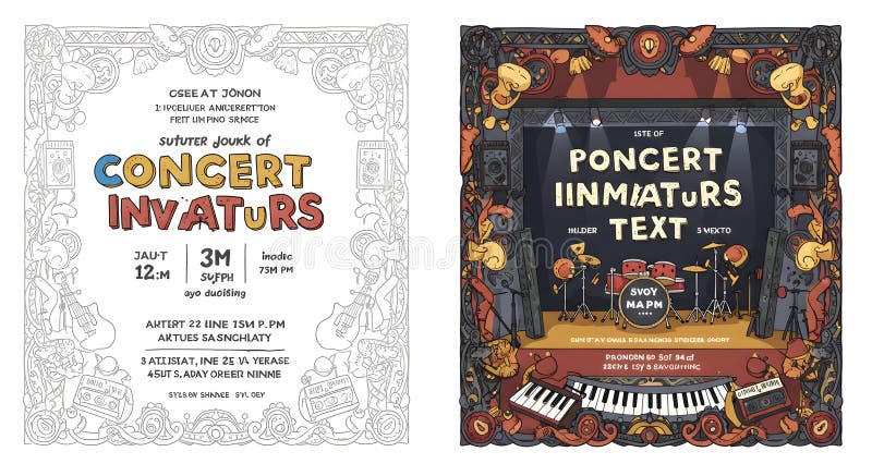 Stylized Concert Poster Design with Outlined and Colored Variations for ...