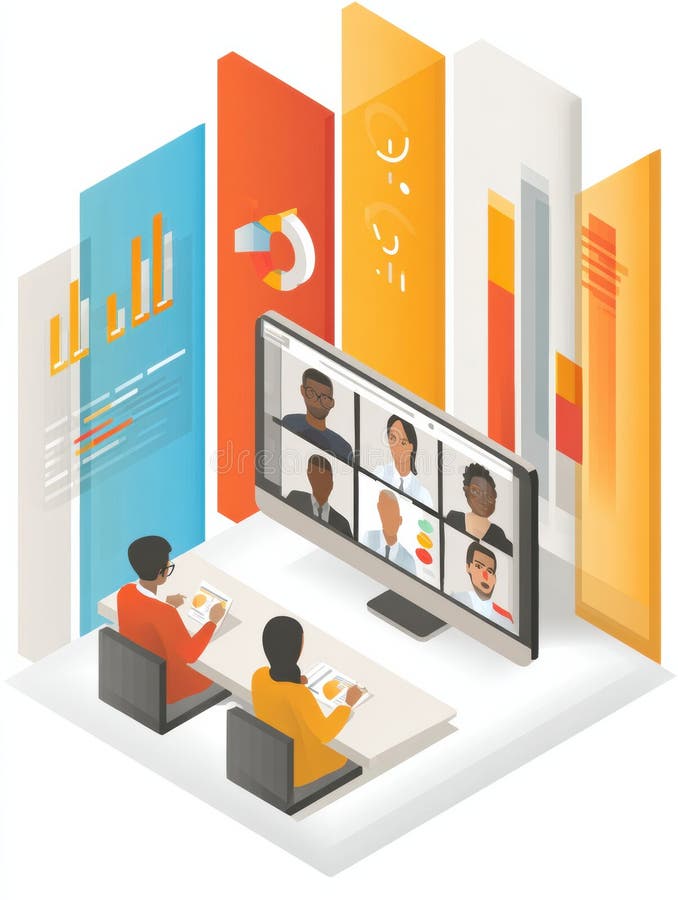 Stylized Conference Call Setup Featuring Avatars and Data Charts for ...