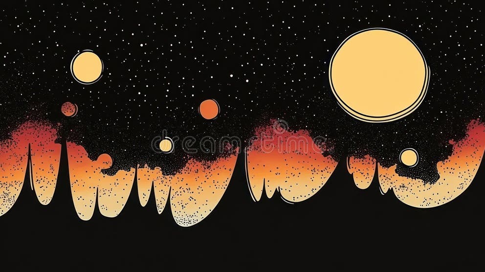 A Stylized Cosmic Scene Featuring Planets and Stars Against a Dark ...