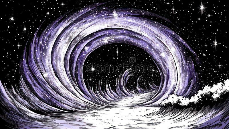 A Stylized Cosmic Wave, Blending Ocean and Galaxy Themes in a Surreal ...