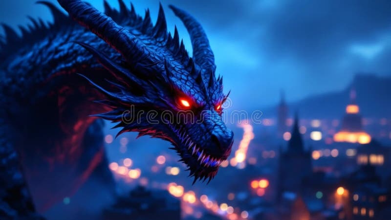 Stylized Creature Roaring Above Distant Cityscape at Night Stock Video ...