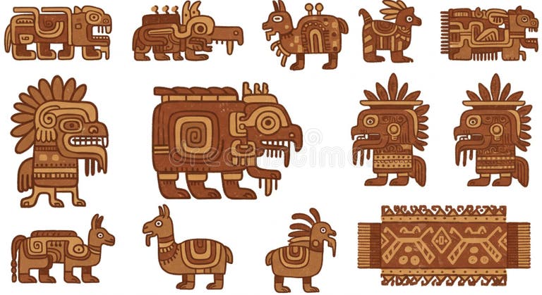 Stylized Creatures and Figures in an Aztec-inspired Art Style. the ...