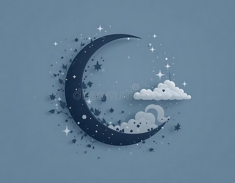 Stylized Crescent Moon with Clouds and Stars in a Dreamy Composition ...